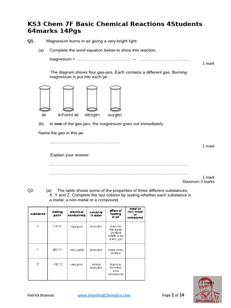 ks3 Chem 7f Basic Chemical Reactions 4students 64marks 14pgs | PDF ...