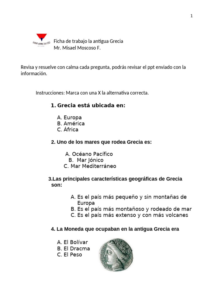 Ficha de Trabajo Grecia | PDF | Antigua Grecia | Grecia