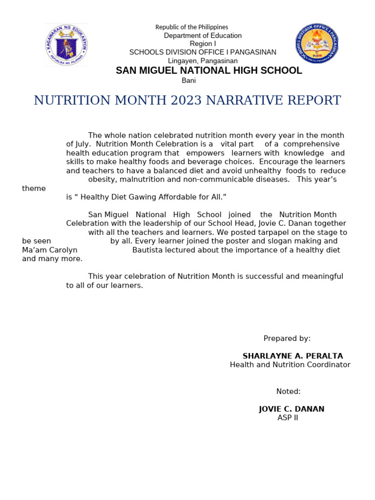 Nutrition Month 2023 Report - San Miguel High School | PDF