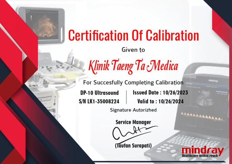Sertifikat Kalibrasi Alat USG DP-10 Mindray 26 Oktober 2023 Klinik ...