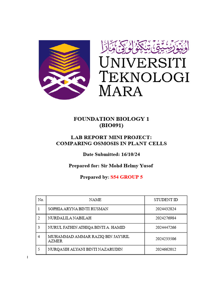 Mini Project Bio Group 5 Uitm | PDF | Osmosis | Cell Biology