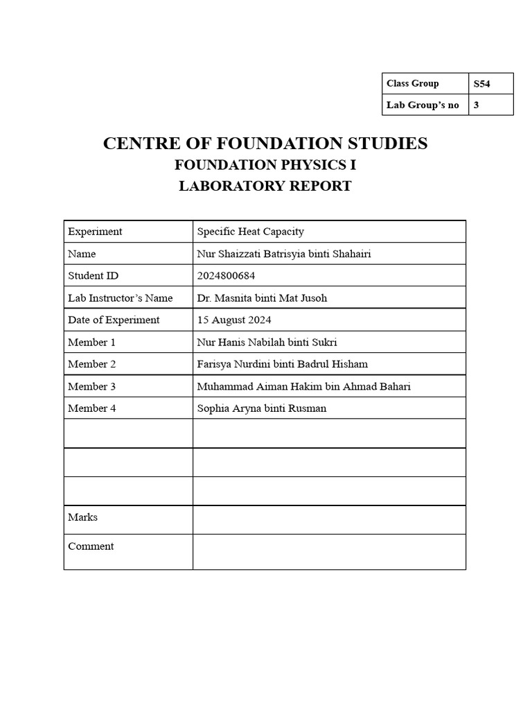 Lab Report G3 Specific Heat Capacity Uitm | PDF | Heat | Temperature