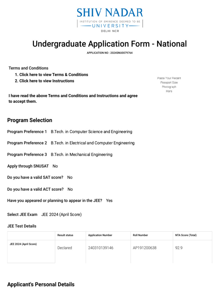 Print Application - Shiv Nadar (Institution of Eminence Deemed To Be University) | PDF | Science ...