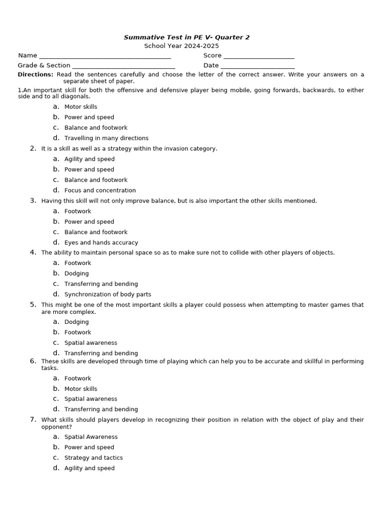 PE Skills & Values Test | PDF | Psychology | Cognitive Science