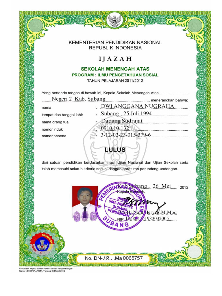 Ijazah Dwi Anggana Anugrah | PDF