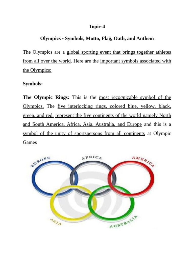 Topic 4 - Olympics - Symbols, Motto, Flag, Oath and Anthem | PDF