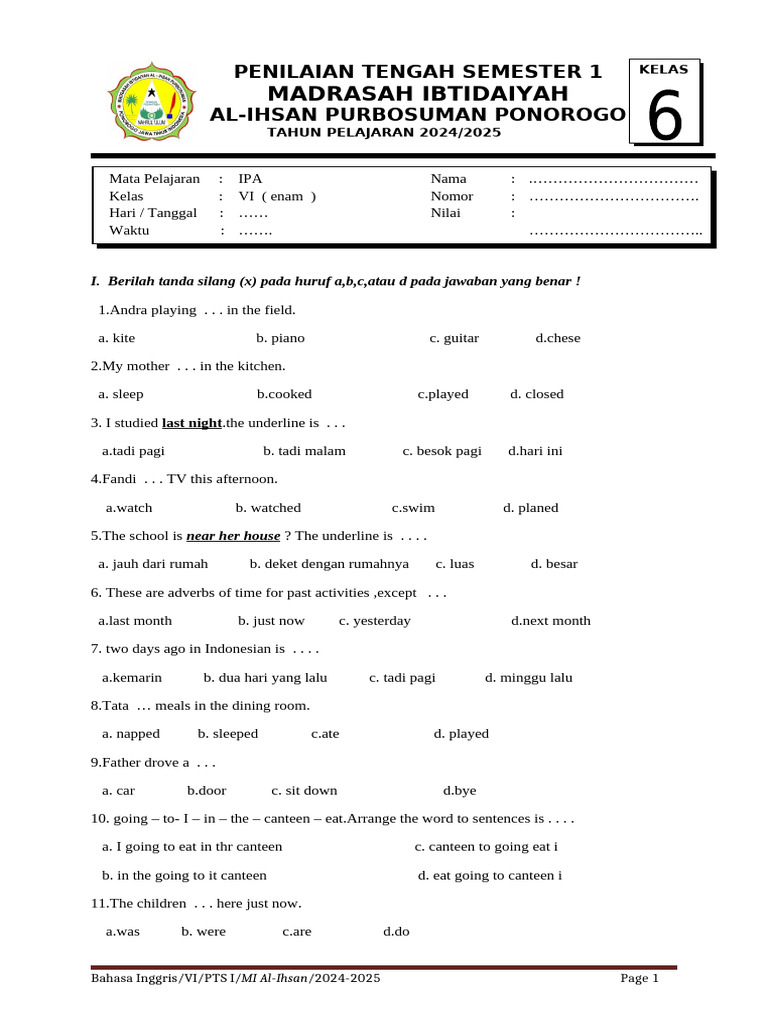 Soal PTS 1 Bhs Inggris Kls 6 2024 | PDF | Linguistics