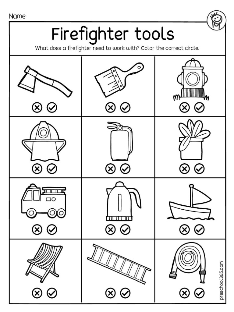 Preschool Firefighter Tools Worksheets | PDF