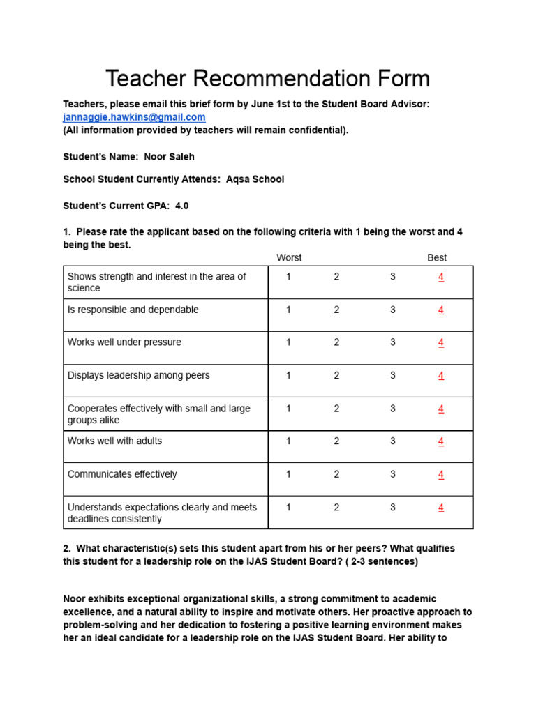 Teacher Recommendation Form | PDF