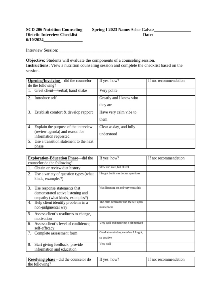 Nutrition Counseling Session Checklist | PDF | Empathy | Psychology