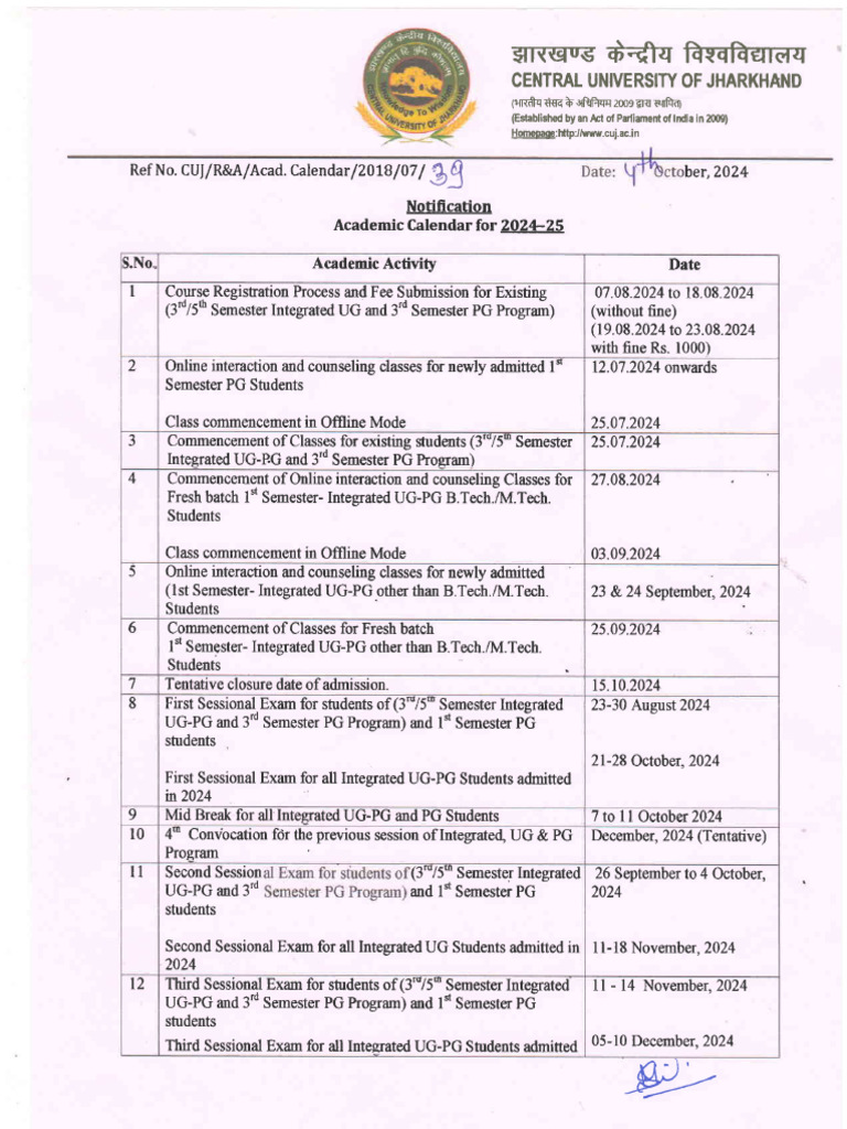 CUJ Academic Calendar 2024-25 | PDF