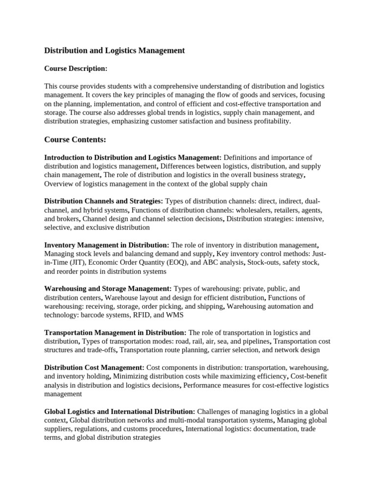 Distribution And Logistics Management Pdf Logistics Warehouse