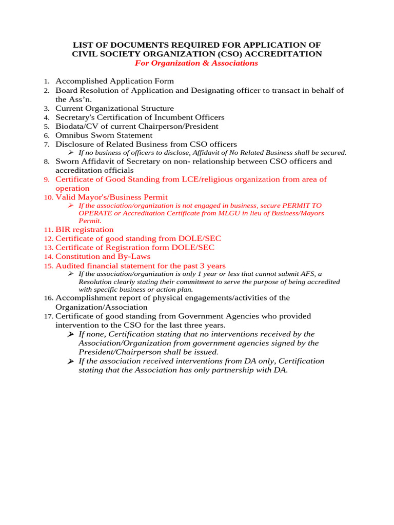 List of Documents Required For Application of Cso Accreditation | PDF