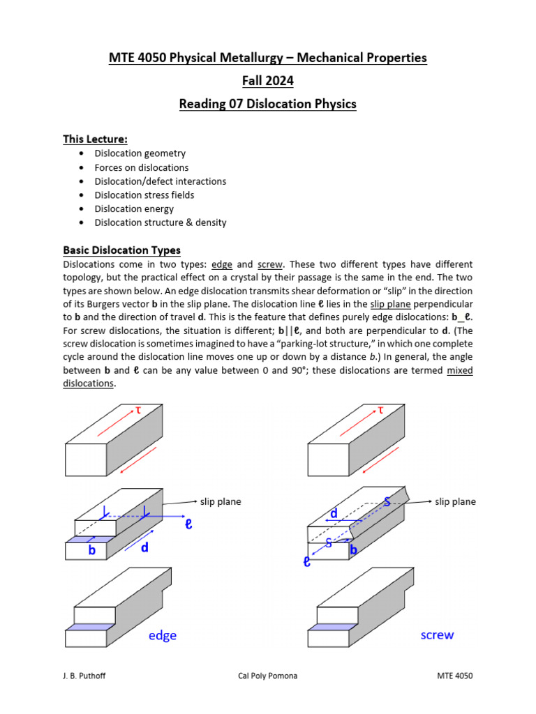 MTE 4050 Reading 07 Dislocation Physics | PDF | Dislocation | Plasticity (Physics)