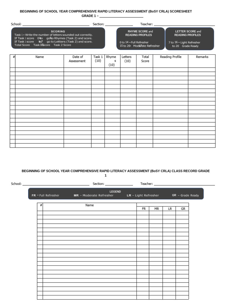Grade 1 Literacy Assessment Scoresheet | PDF