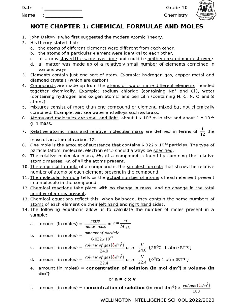 G10 Chemistry: Chemical Formulae & Moles | PDF | Mole (Unit) | Molecules