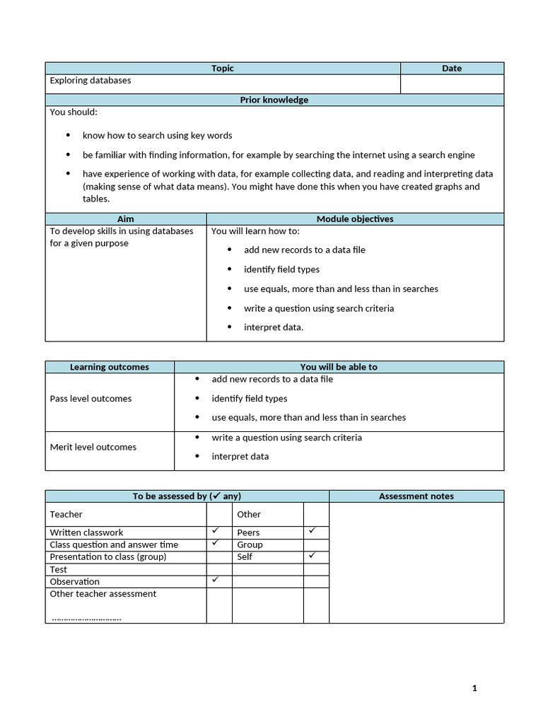 Lesson Plan Exploring Databases Next Steps | PDF | Educational Assessment | Learning