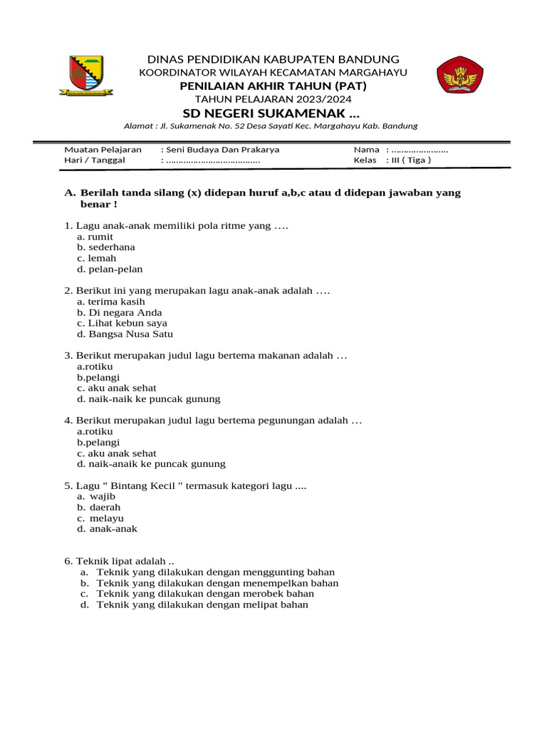 Soal Psat SBDP Kelas 3 | PDF