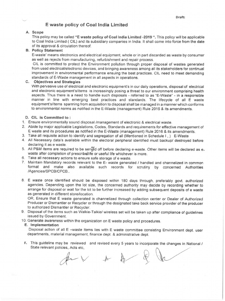 E-Waste Policy of CIL-2019 | PDF