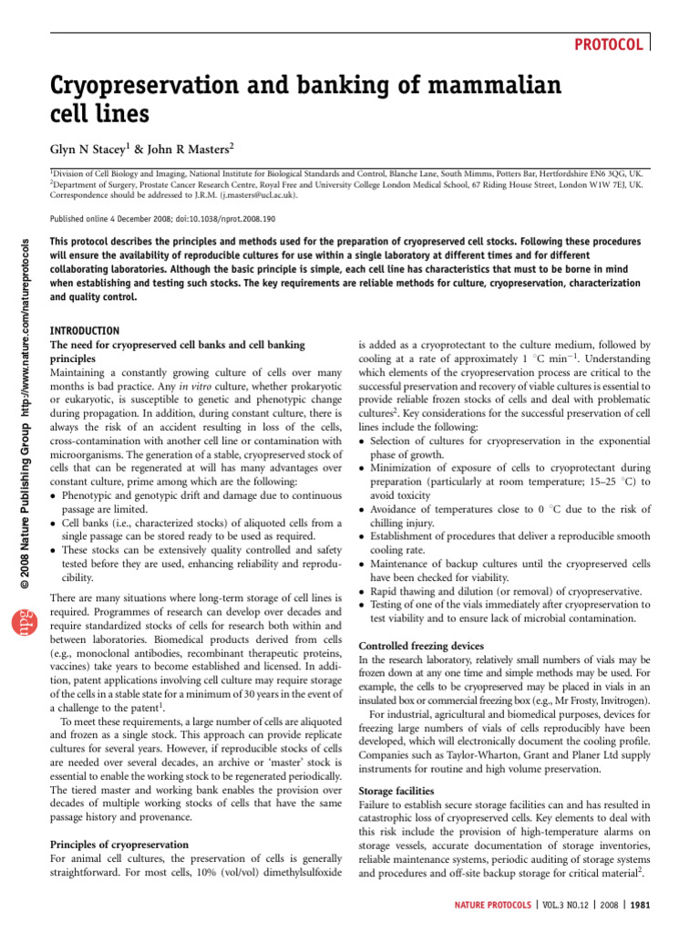 Cryopreservation and Banking of Mammalian Cell Lines | PDF | Cell ...