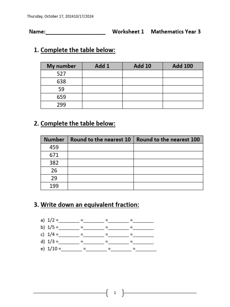 Year 3 Mathematics Worksheet | PDF | Mathematics