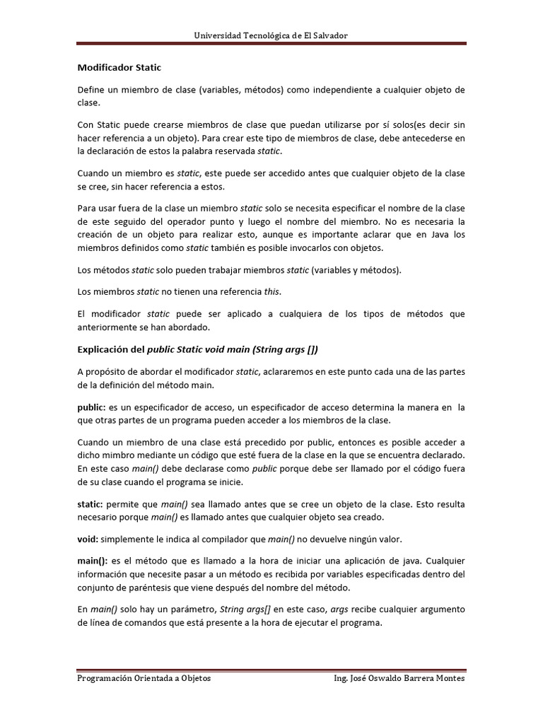 Modificador Static | PDF | Objeto (informática) | Java (lenguaje de programación)