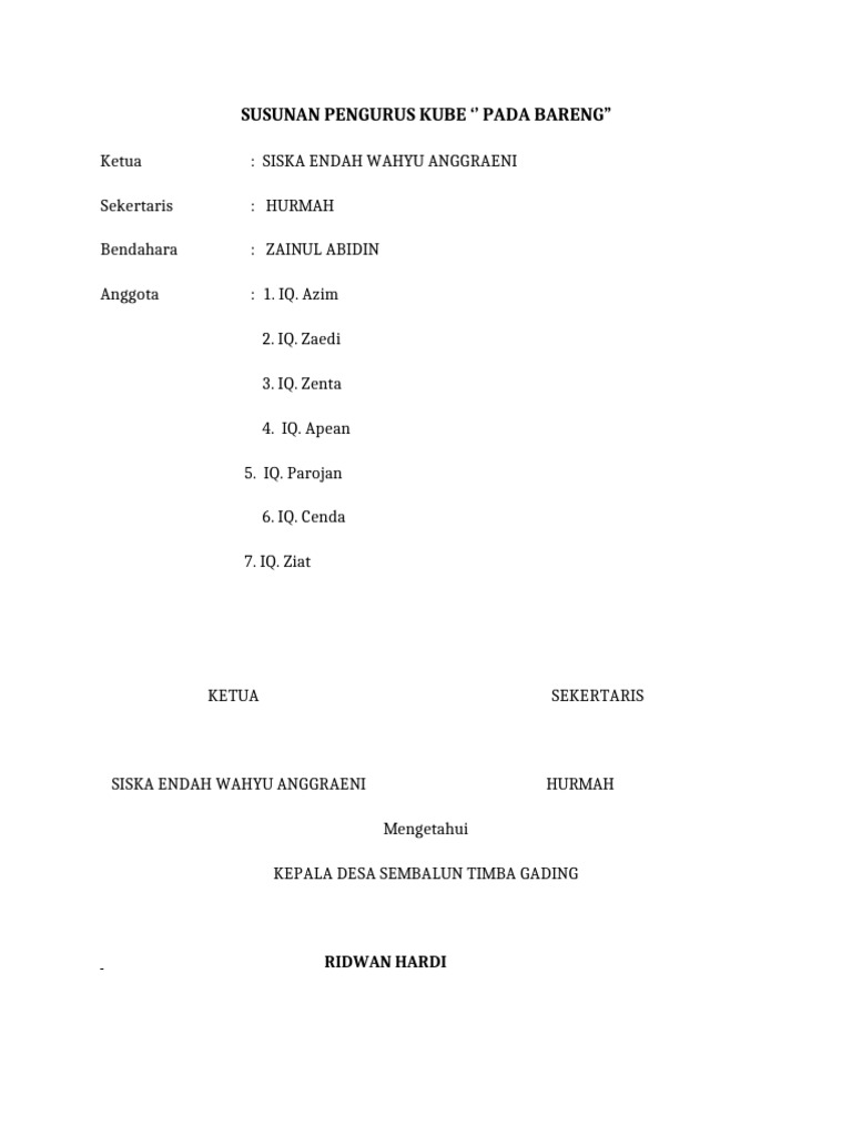 Susunan Pengurus Kube | PDF