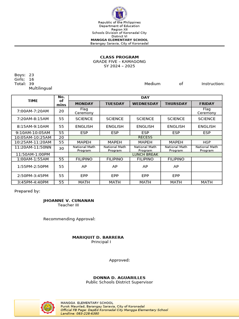 Grade 5 - Class & Teacher's Program - 2024-2025 | PDF | Public ...