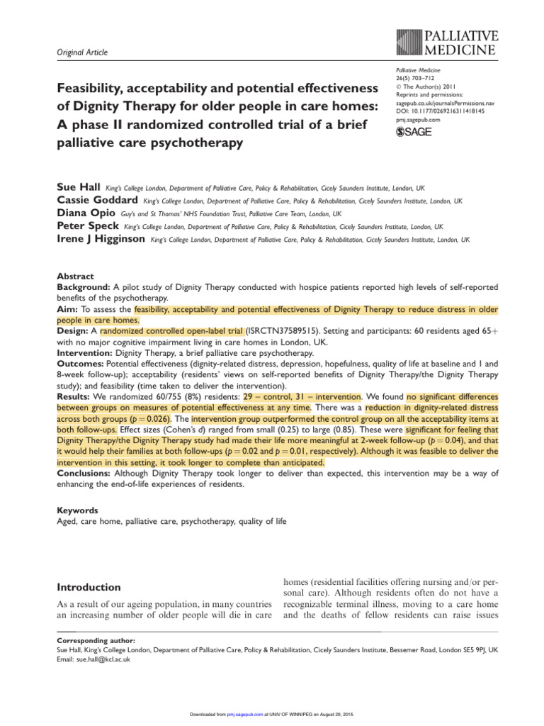 Feasibility, Acceptability and Potential Effectiveness of Dignity Therapy For Older People in ...