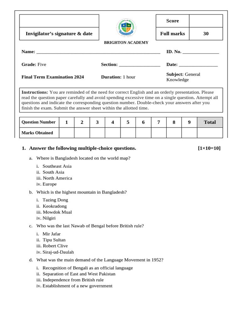 EV Grade V Final Term GK QP | PDF | Bangladesh | Bengal