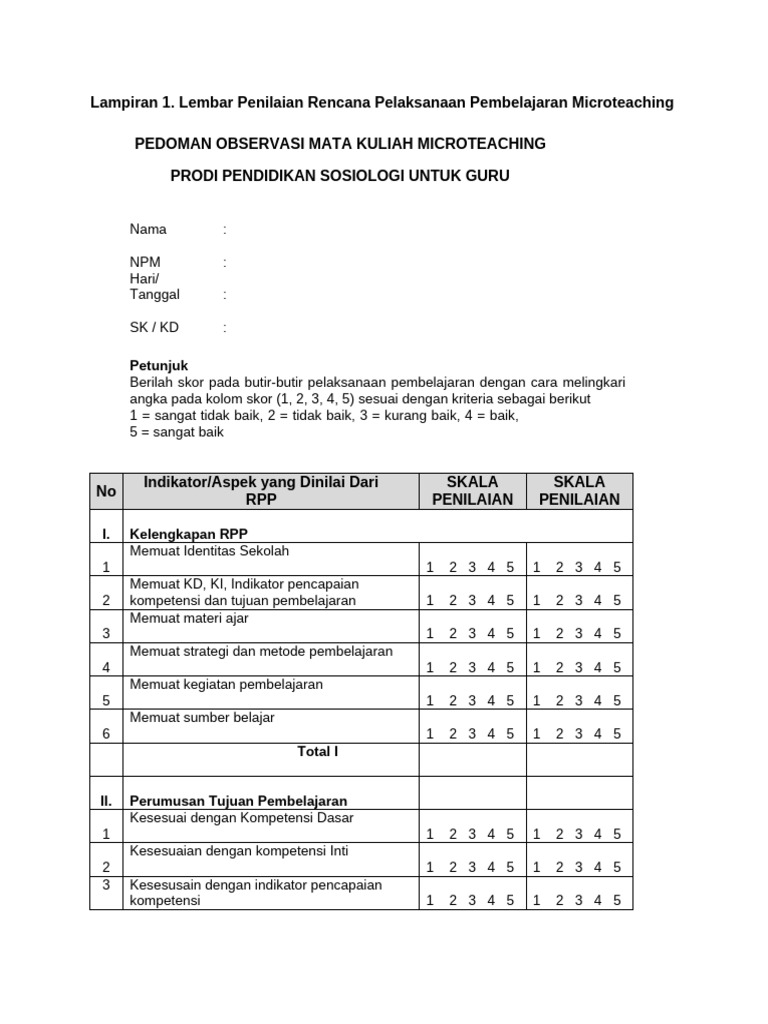 Lembaran Penilain Micro Teaching | PDF | Karier & Perkembangan