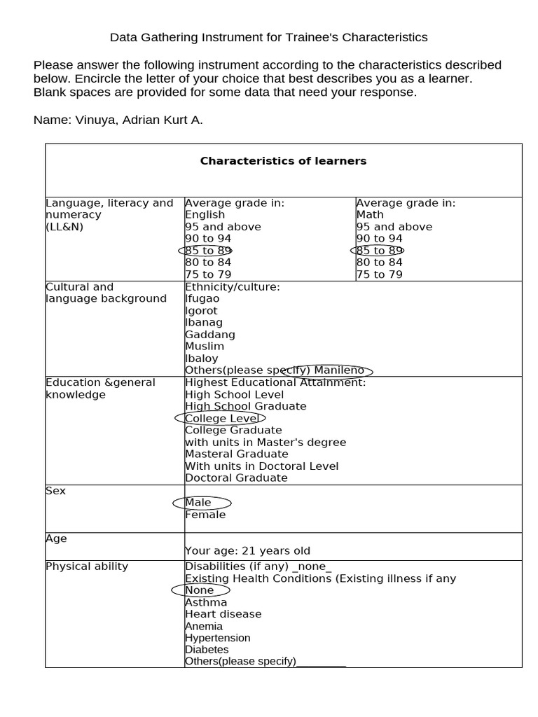 Sample Data Gathering Vinuya Adrian | PDF | Learning | Learning Styles