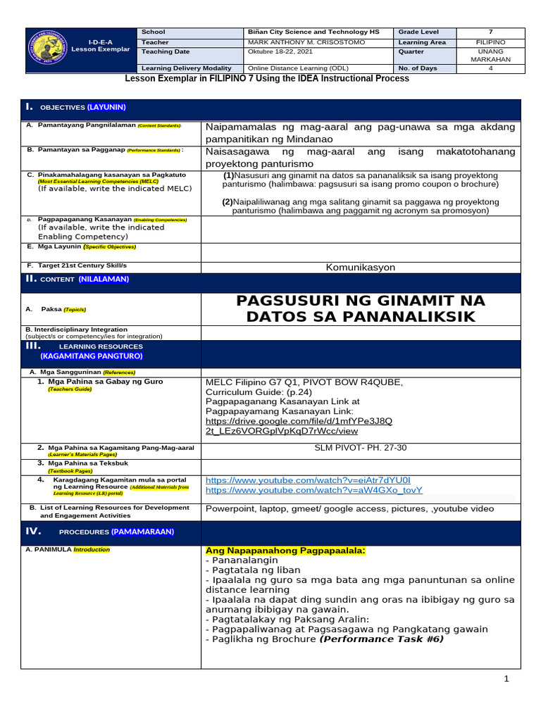 BCSTHS-IDEA-Lesson-Exemplar-FILIPINO - WEEK 6 - Pagsusuri NG Ginamit Na ...