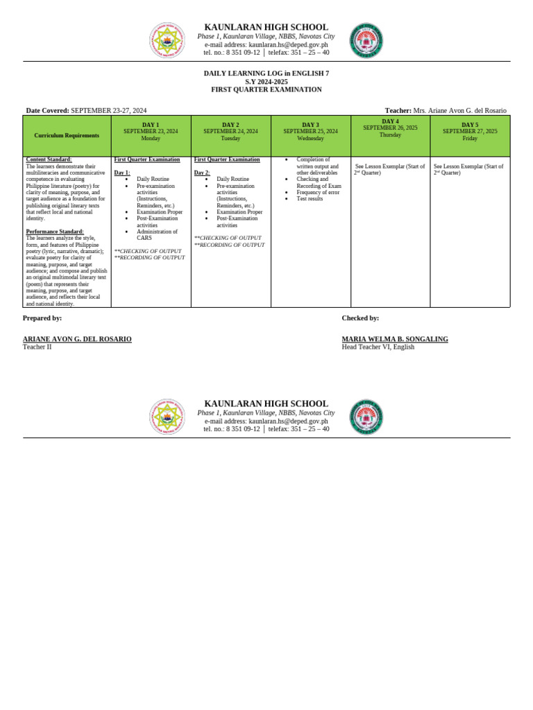 DLL Q1 First Quarter Examination | PDF | Behavior Modification | Learning