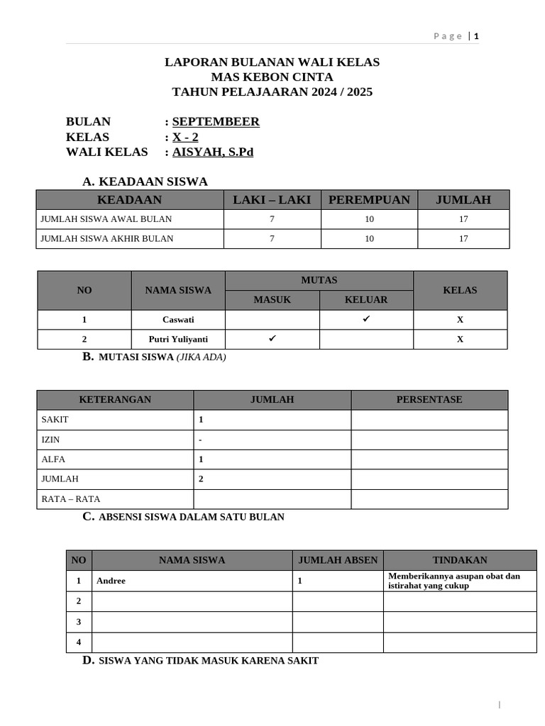 LAP. WALI KELAS X-2 (September) | PDF