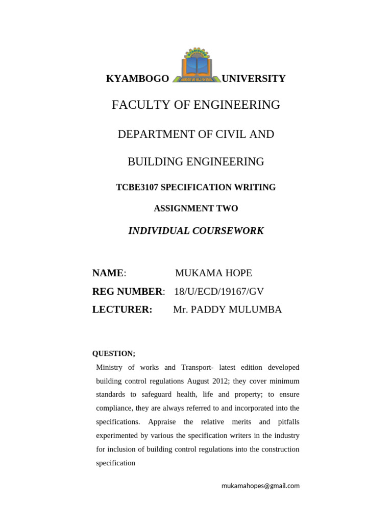 Mukama Hope Tcbe 3107 Assignment 2 | PDF | Building Code | Specification (Technical Standard)