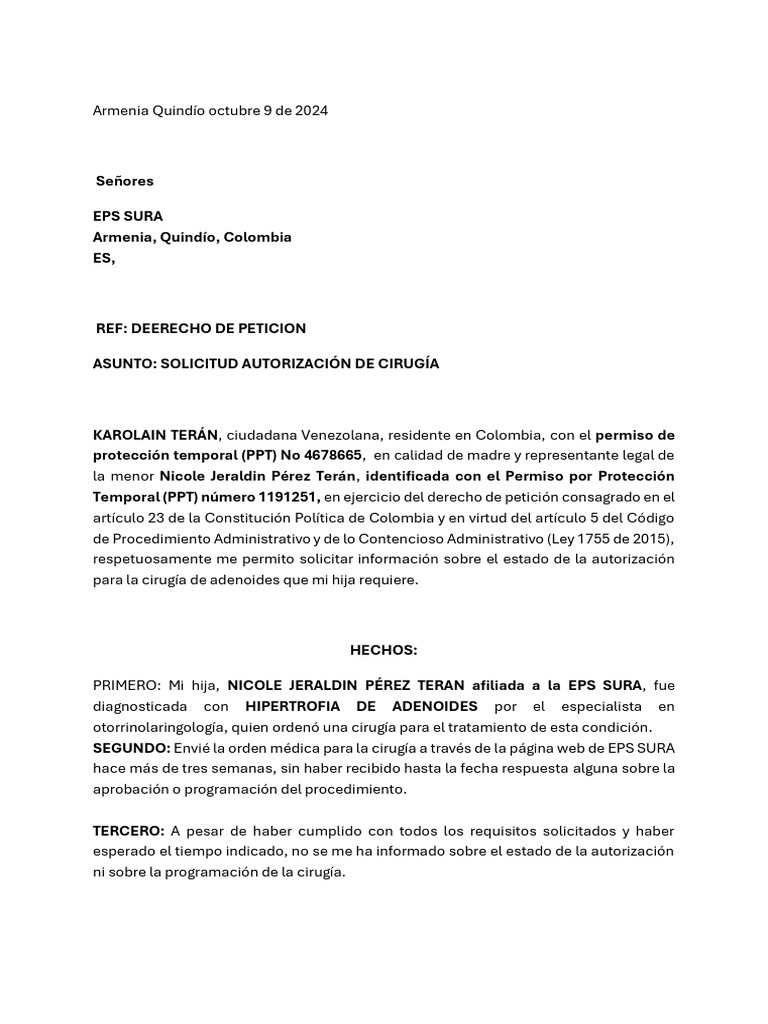 Derecho de Peticion Karolain | PDF | Petición | Justicia