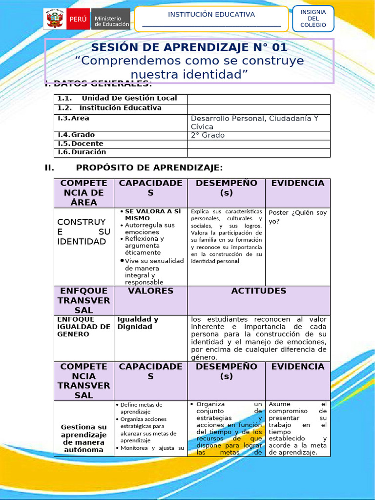 DPCC 2° - Sesión de Aprendizaje 01 | PDF | Aprendizaje | Maestros