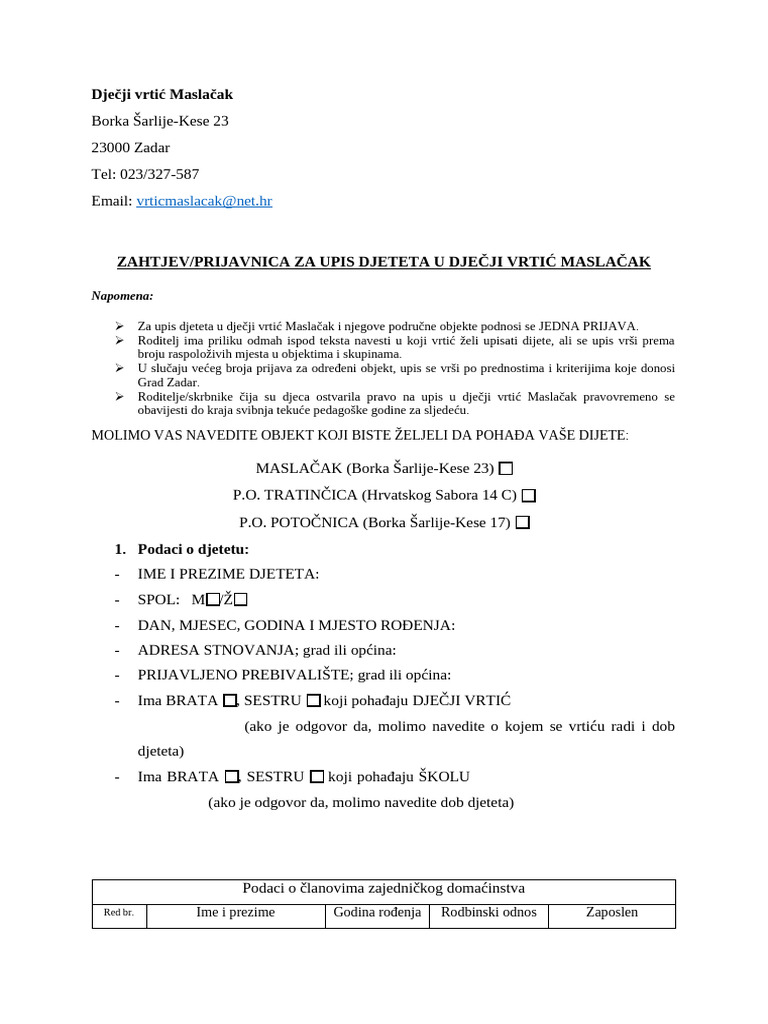 Prijavnica za upis djeteta u DV Maslačak | PDF