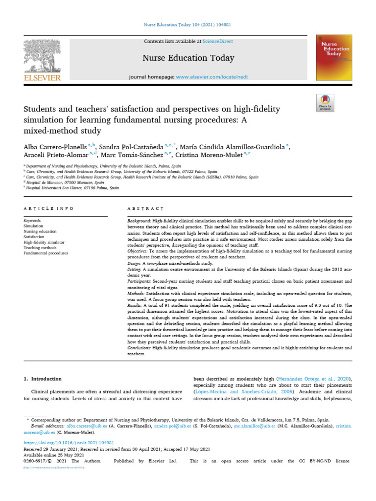 Students and Teachers' Satisfaction and Perspectives On High-Fidelity | PDF | Nursing | Simulation