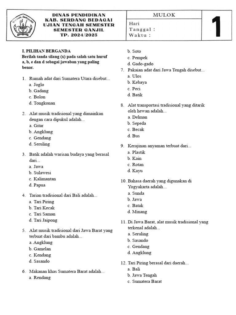 Soal Mulok Kelas 1 SD | PDF