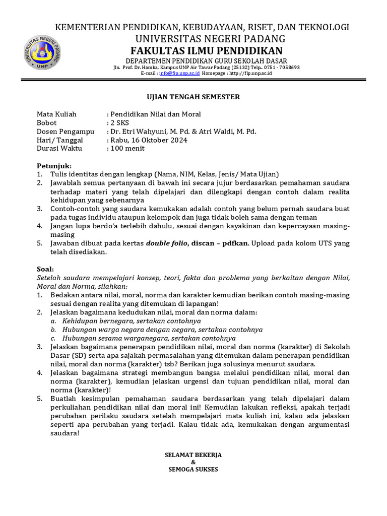 Soal UTS Pendidikan Nilai Dan Moral Tim AW | PDF