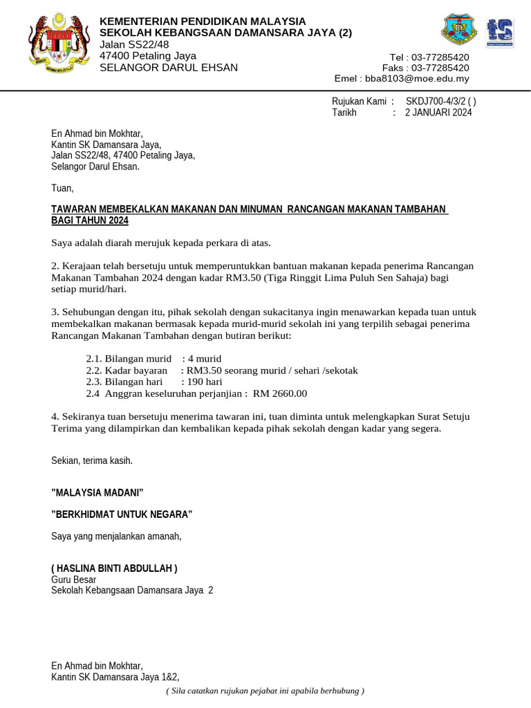 Surat Tawaran Pembekal | PDF