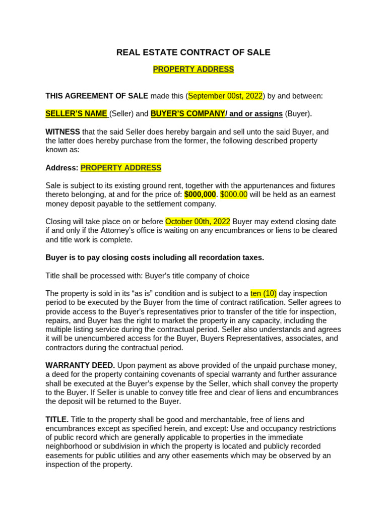 Real Estate Sale Agreement Template | PDF | Title Insurance | Private Law