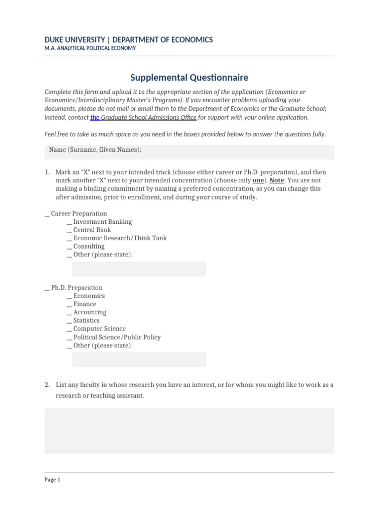 MAPE Supplemental Questionnaire - 06-2021 | PDF | Economics | Science
