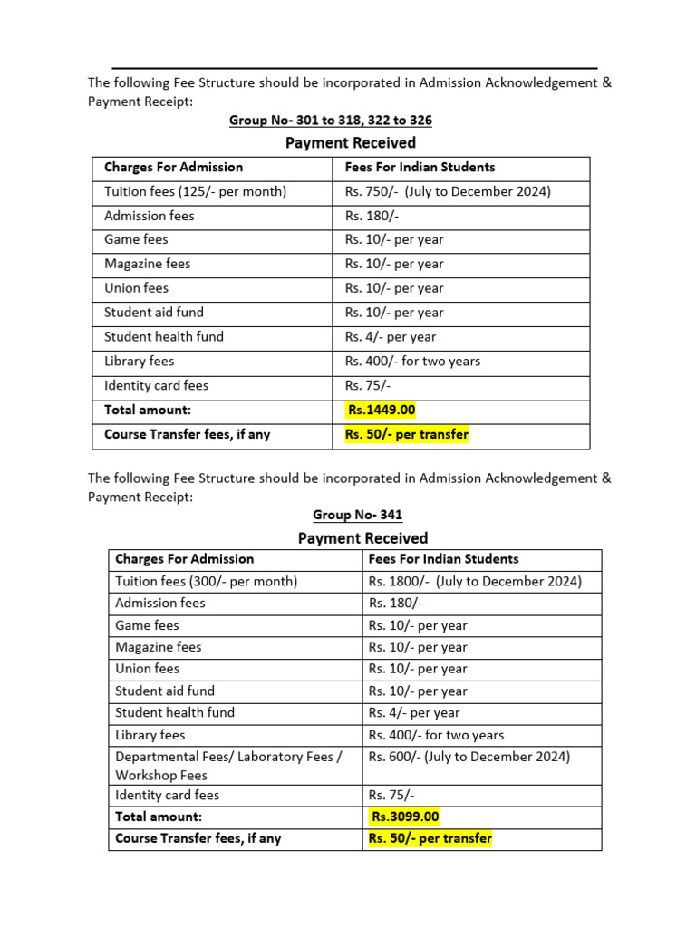 ADMISSION 2024 Fees Structure | PDF | Fee | Payments