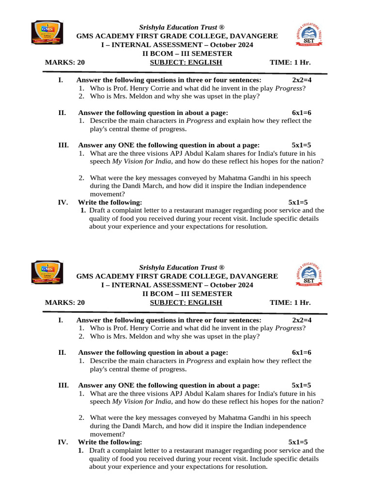 II Internal - BCOM Question Paper | PDF | Indian Nationalism | Indian Independence Movement