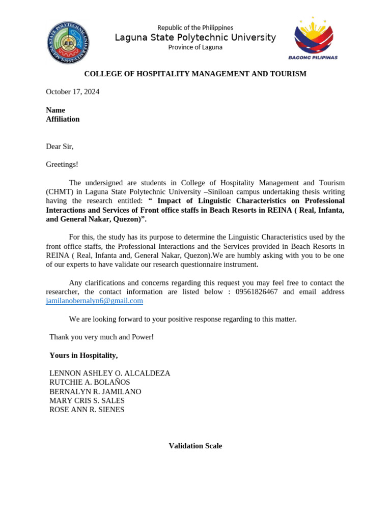 Jamilano - Group - Research Questionnaire Validation Form | PDF | Communication | Body Language