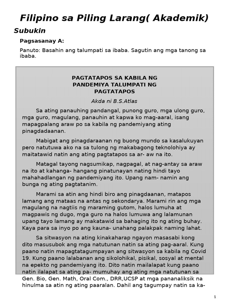 unang linggo FPL ACAD | PDF