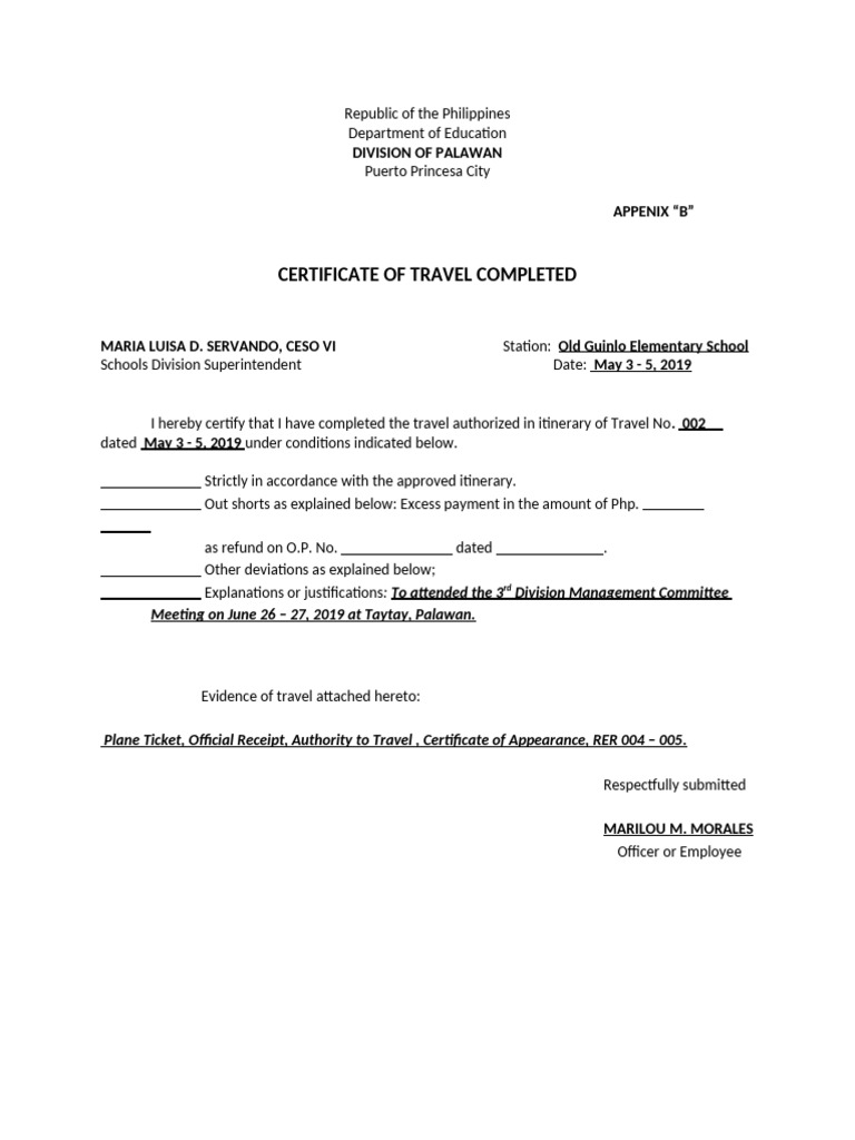 Certificate of Travel Completed (School Head) | PDF
